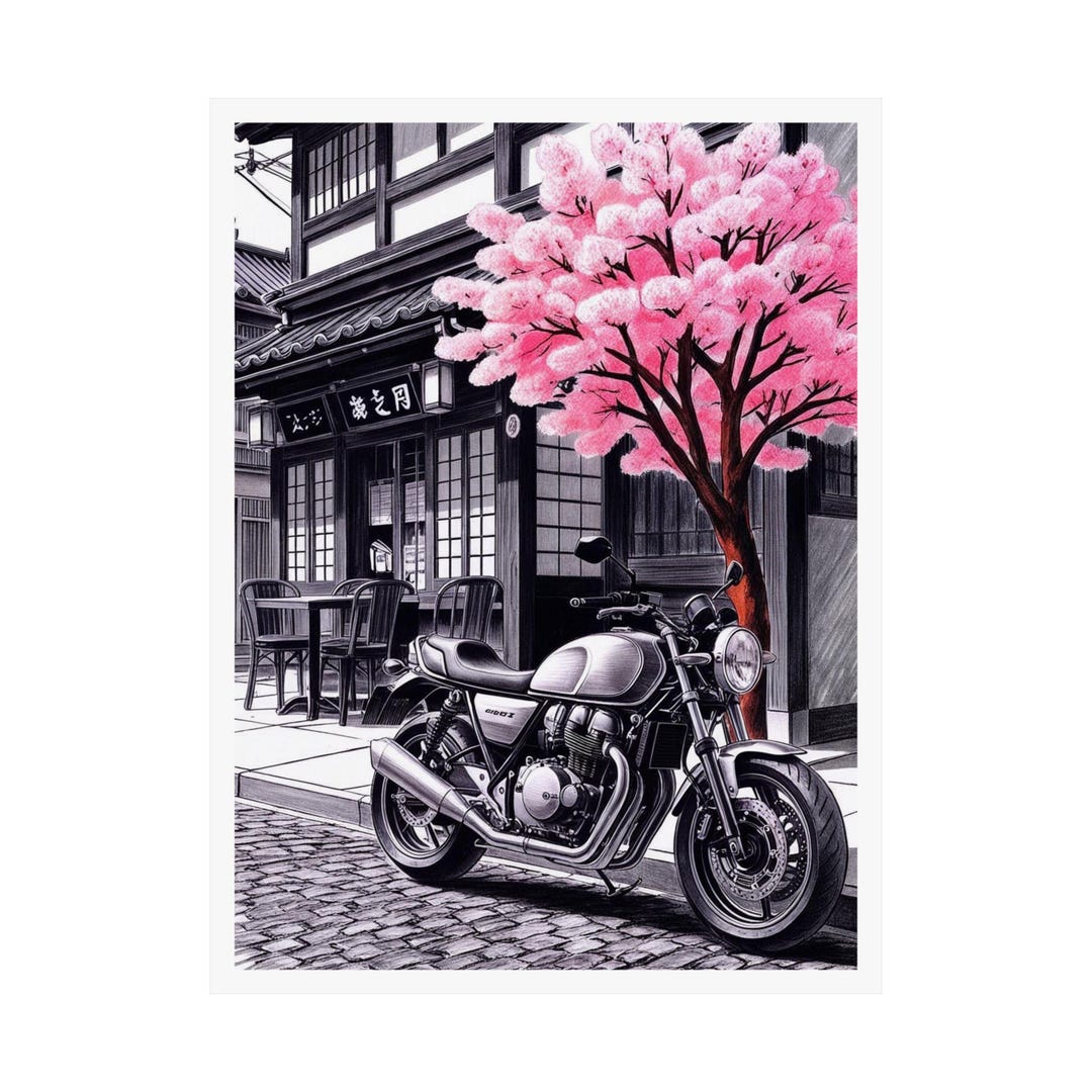 Japanese Illustration Vintage Motorcycle Traditional Shop Sakura Tree ...