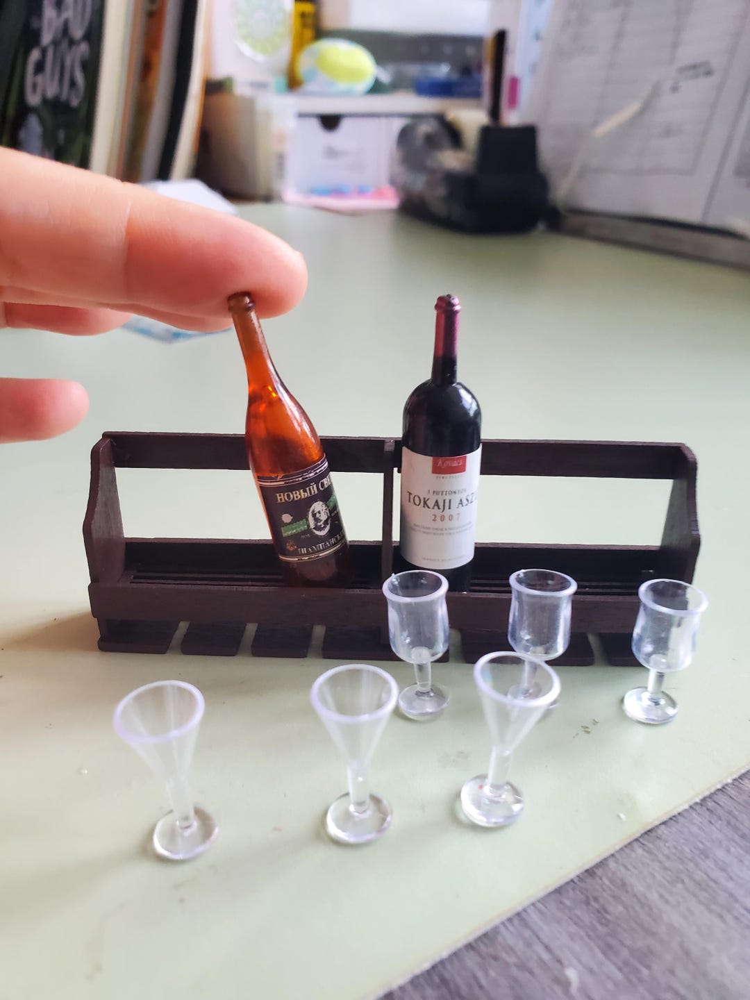 Miniature Dollhouse Wine Rack With 6 Glasses Amd 2 Bottle Set - Etsy
