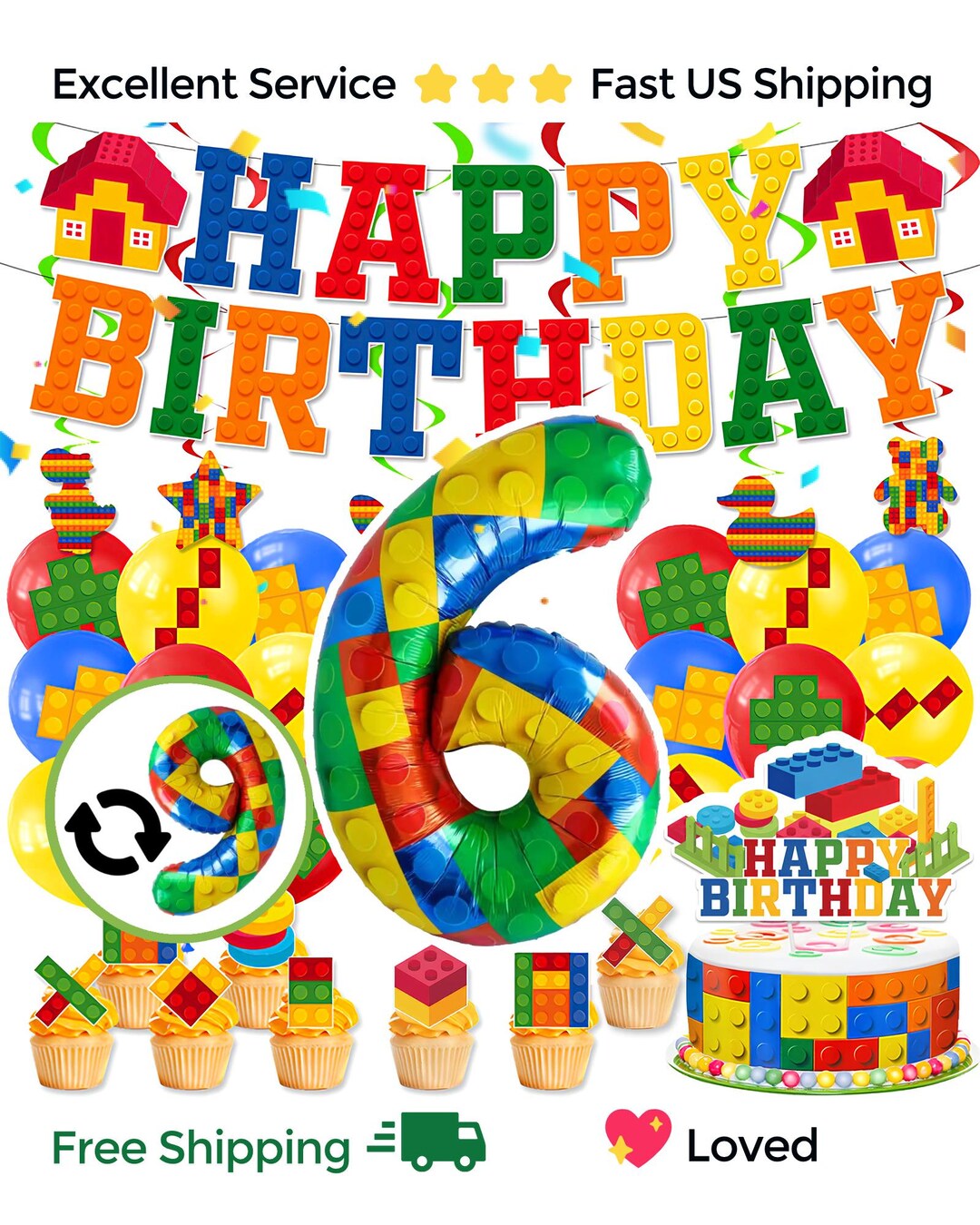 Building Blocks 6th / 9th Birthday Decorations 9 or 6 Year Old Boy for ...