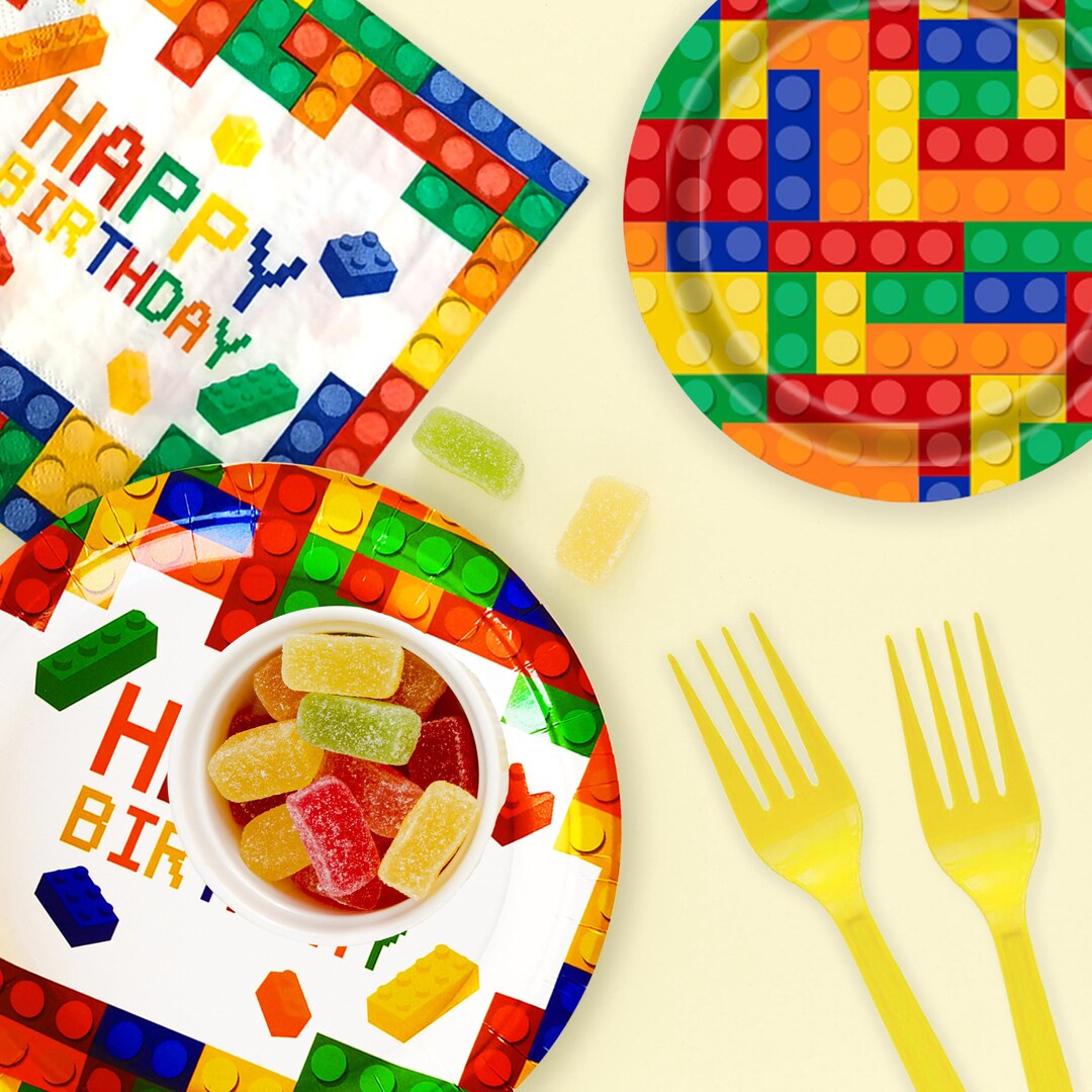 Building Blocks Plates Napkins Party Supplies (100pcs) Building Block ...