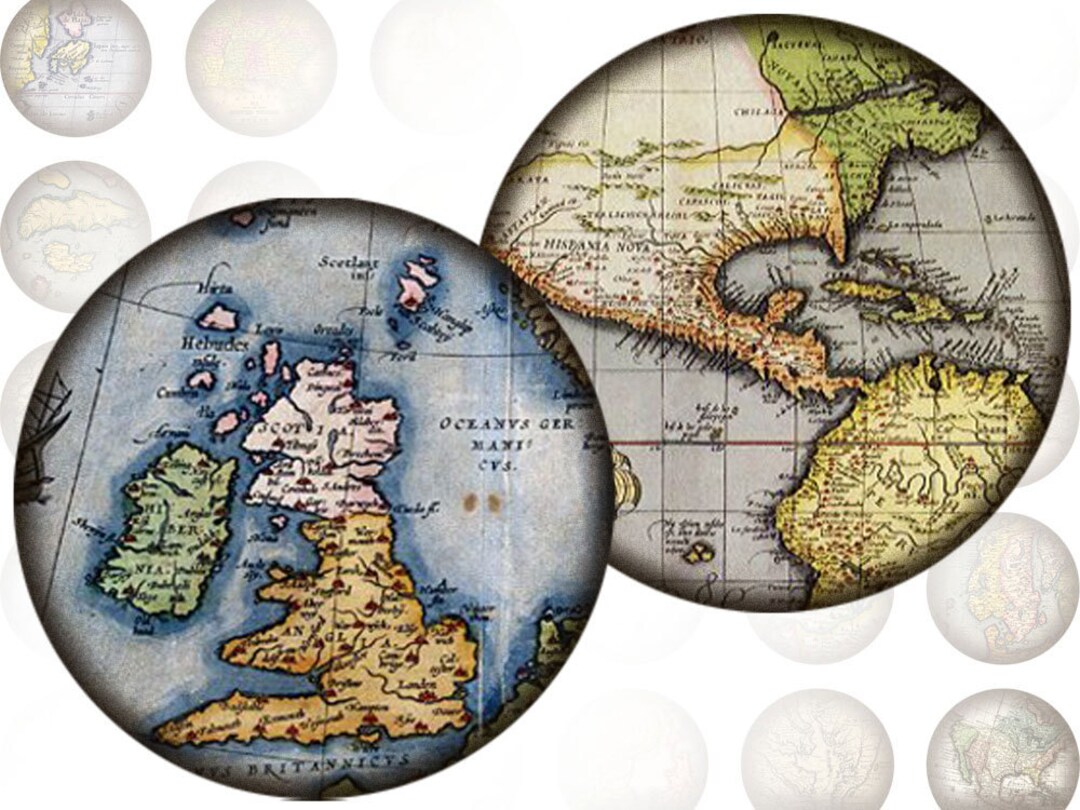 Antique Vintage World Maps 1 Inch Circles Digital Collage Sheet (329 ...