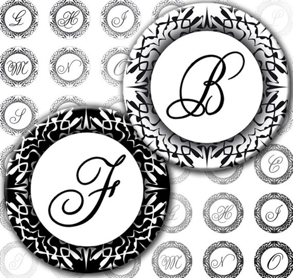 Black and White Damask elegant Alphabet Letters 1 inch circles | Etsy