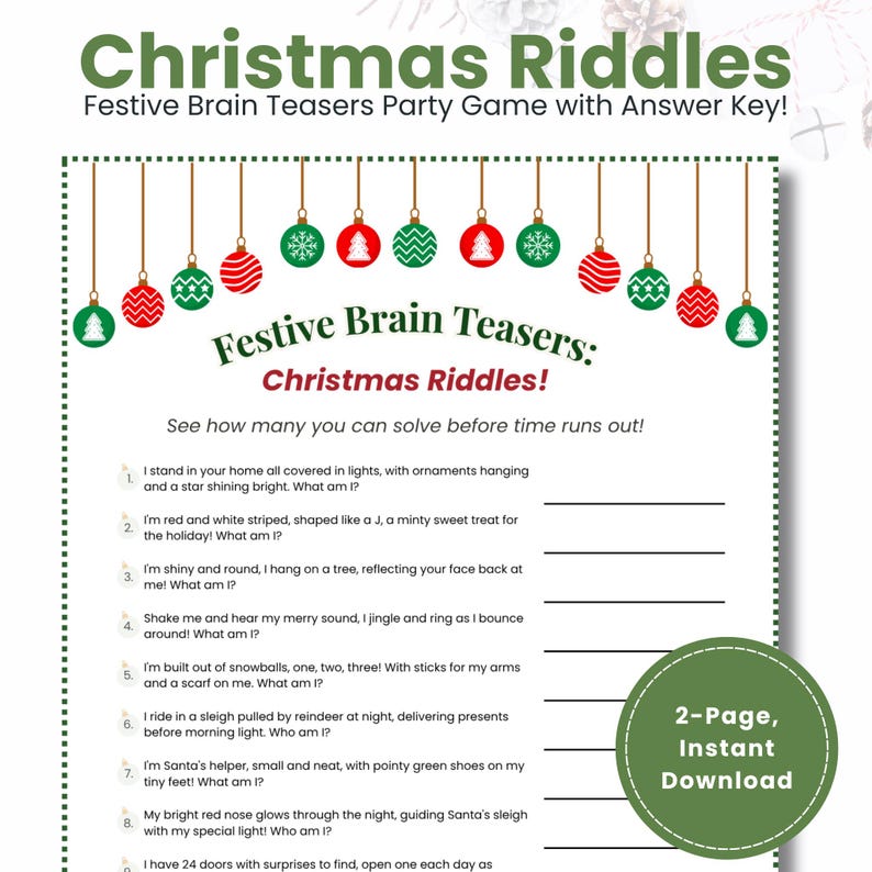 Christmas Riddles Game Printable, Festive Brain Teasers Holiday Party ...