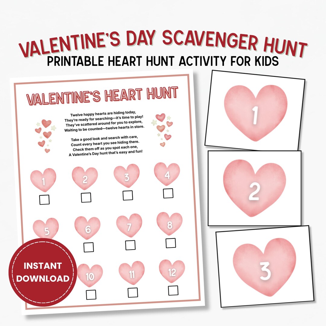 Valentine’s Day Scavenger Hunt Printable - Valentine Heart Hunt Game ...