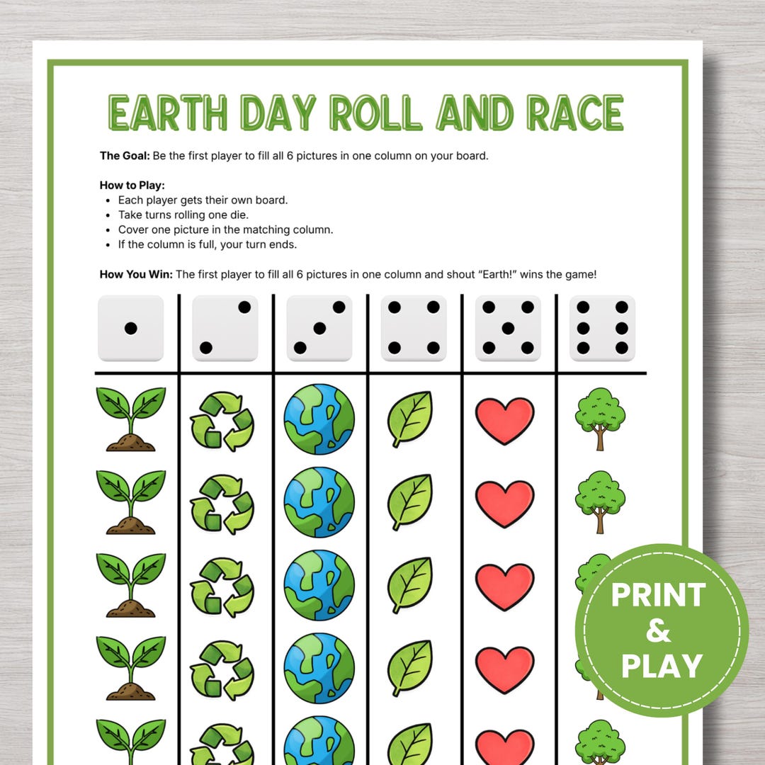 Earth Day Roll and Race Dice Game, Printable Earth Day Craft for ...