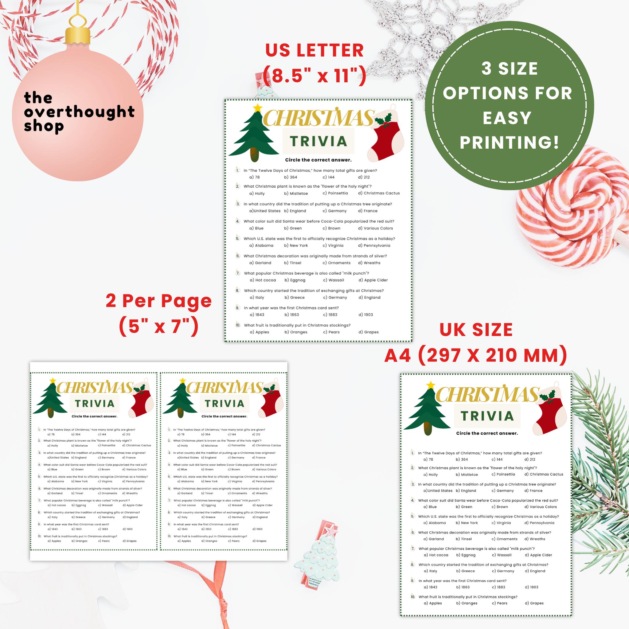 Christmas Trivia Printable, 10-question Multiple Choice Holiday Quiz ...