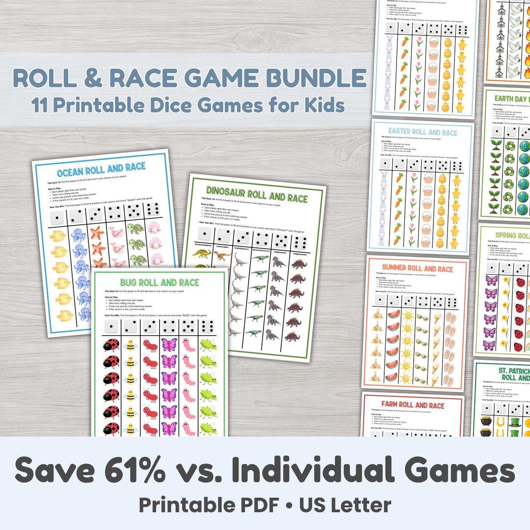 Roll and Race Dice Games Printable Bundle, Fun Math Dice Game for ...