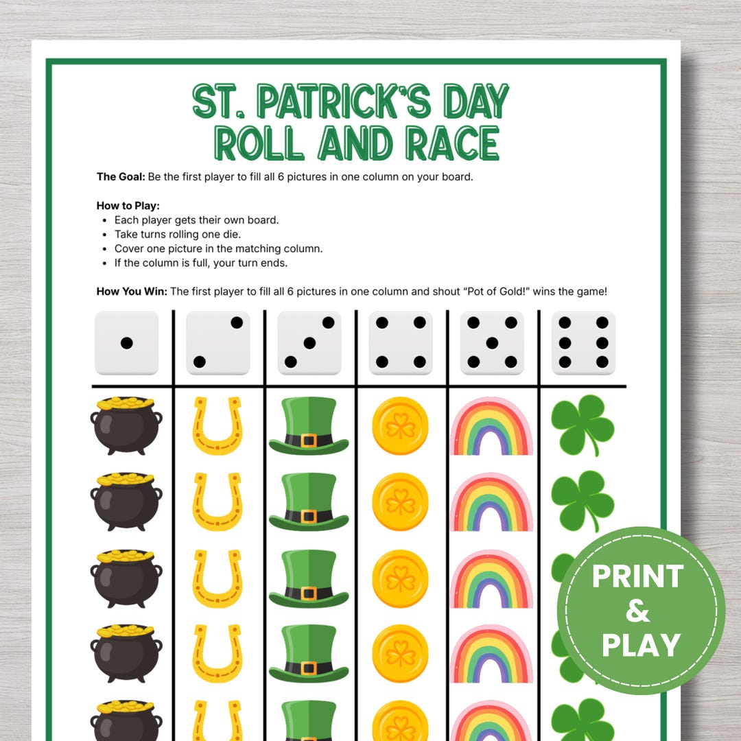 St Patricks Day Game for Kids & Adults, Roll and Race Dice Game ...