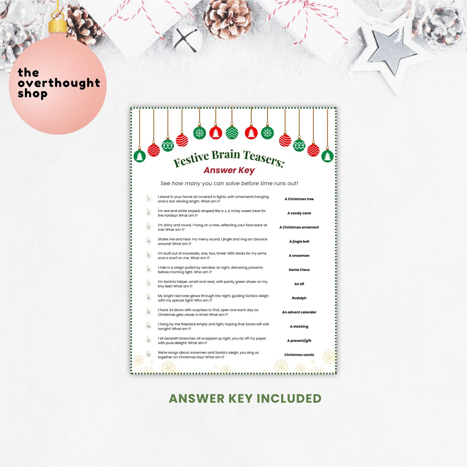 Christmas Riddles Game Printable, Festive Brain Teasers Holiday Party ...