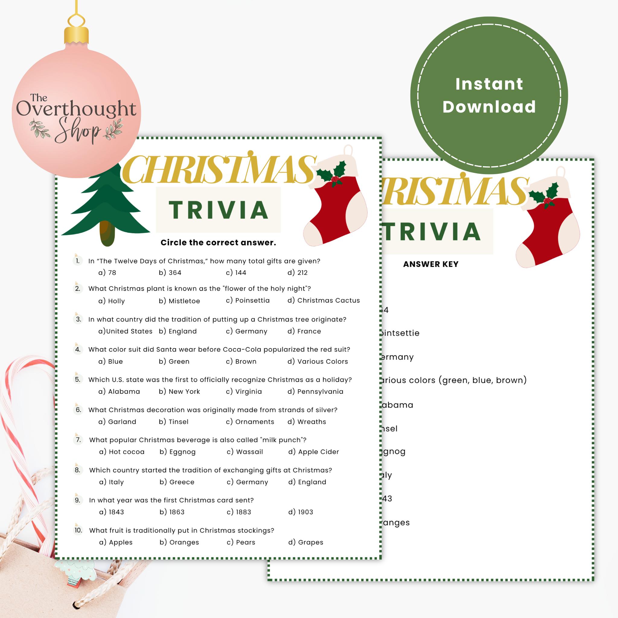 Christmas Trivia Printable, 10-question Multiple Choice Holiday Quiz ...