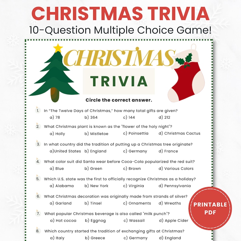 Christmas Trivia Printable, 10-question Multiple Choice Holiday Quiz ...