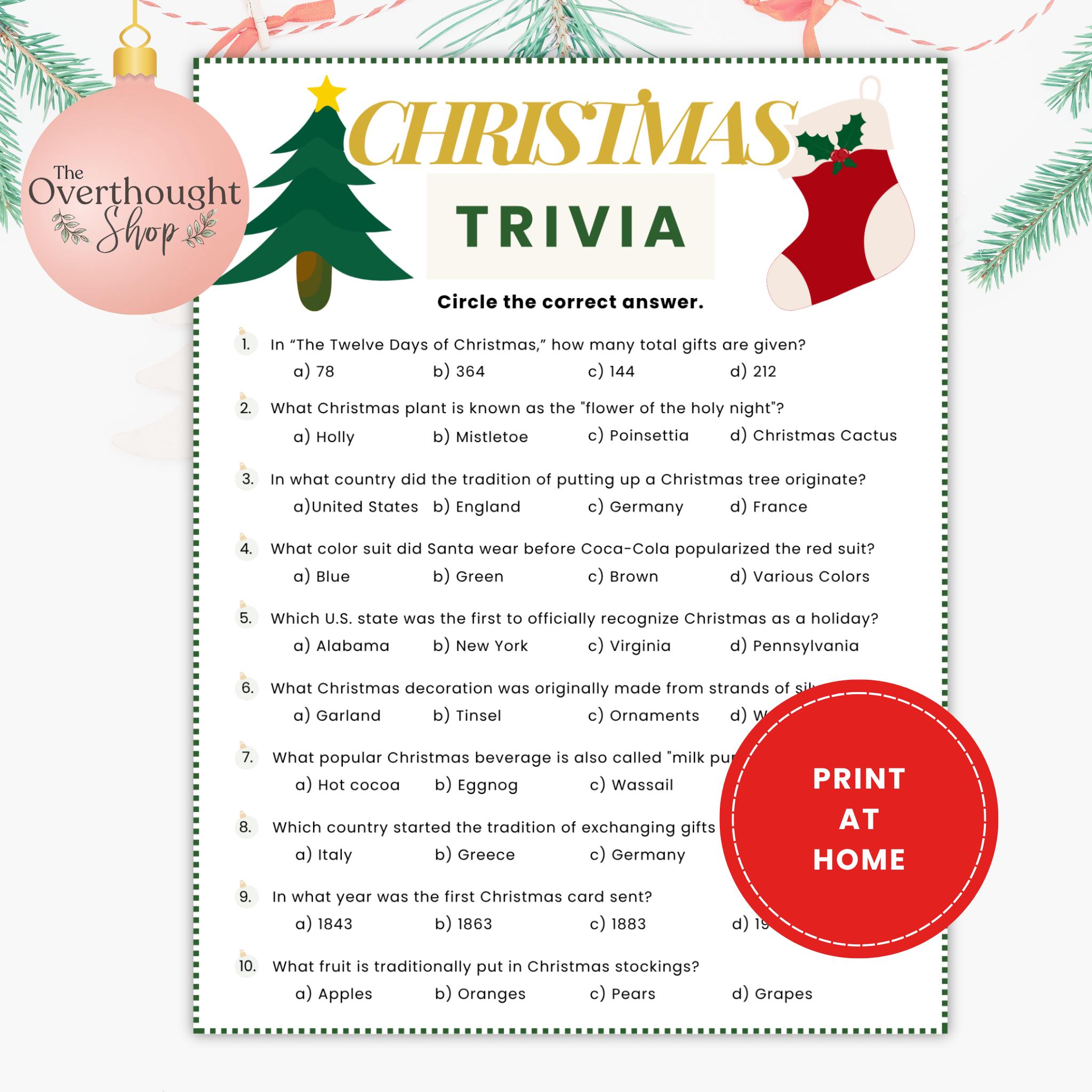 Christmas Trivia Printable, 10-question Multiple Choice Holiday Quiz ...