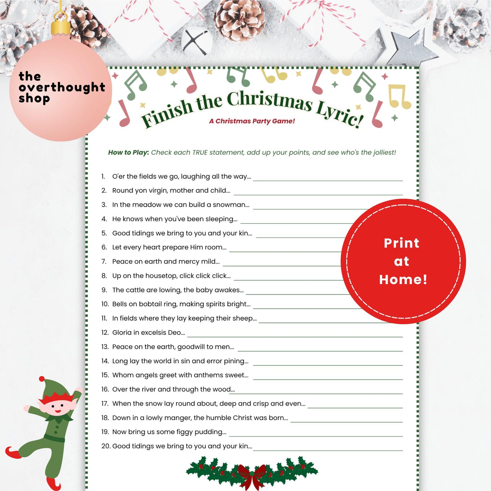 Finish the Christmas Lyric Game Printable, Holiday Song Trivia Quiz for ...