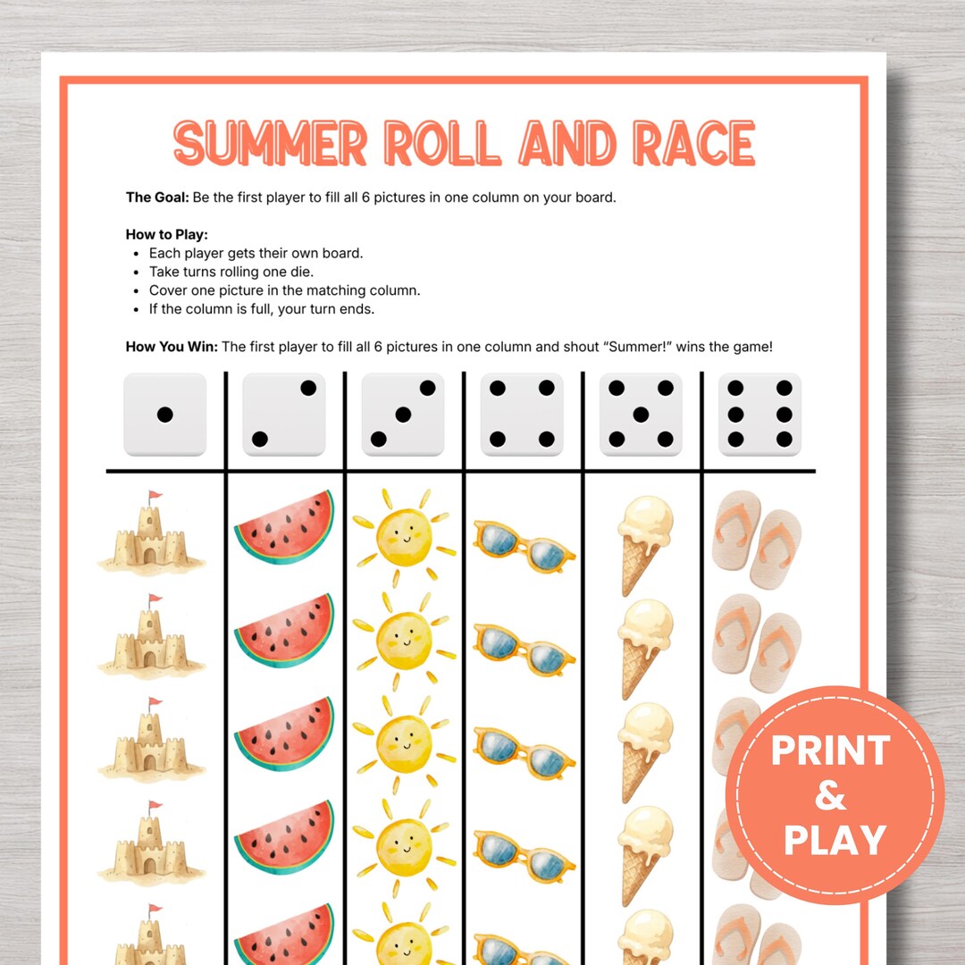 Summer Roll and Race Dice Game, Kids Summer Activity, Printable Beach ...