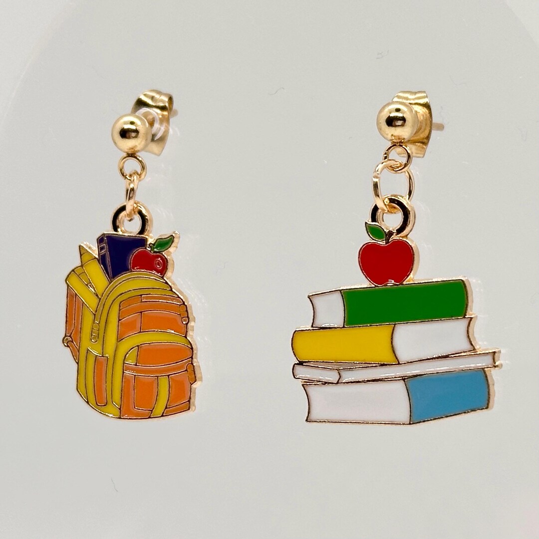 Mismatched Enamel Book and Backpack Dangle Earrings | Teacher Gift - Etsy