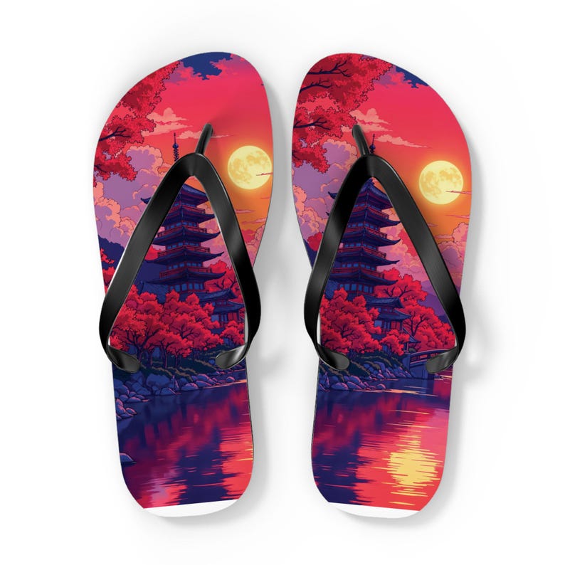 Serene Sunset Flip Flops - Japanese Temple Design for Relaxation and ...