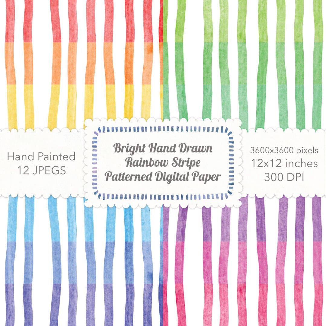 12 Rainbow Watercolor Stripe Digital Papers, 300DPI JPG Files (digital ...