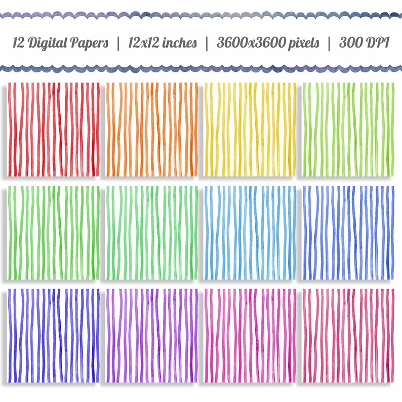 12 Rainbow Watercolor Stripe Digital Papers, 300DPI JPG Files (digital ...