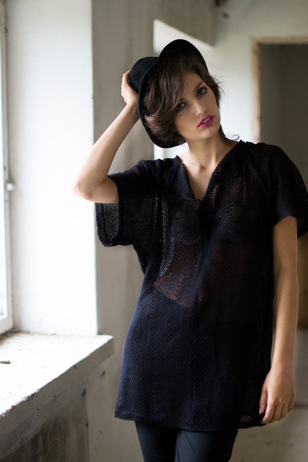 Black Linen Sheer Kimono Tunic Light Knit Summer Oversized Sweater ...