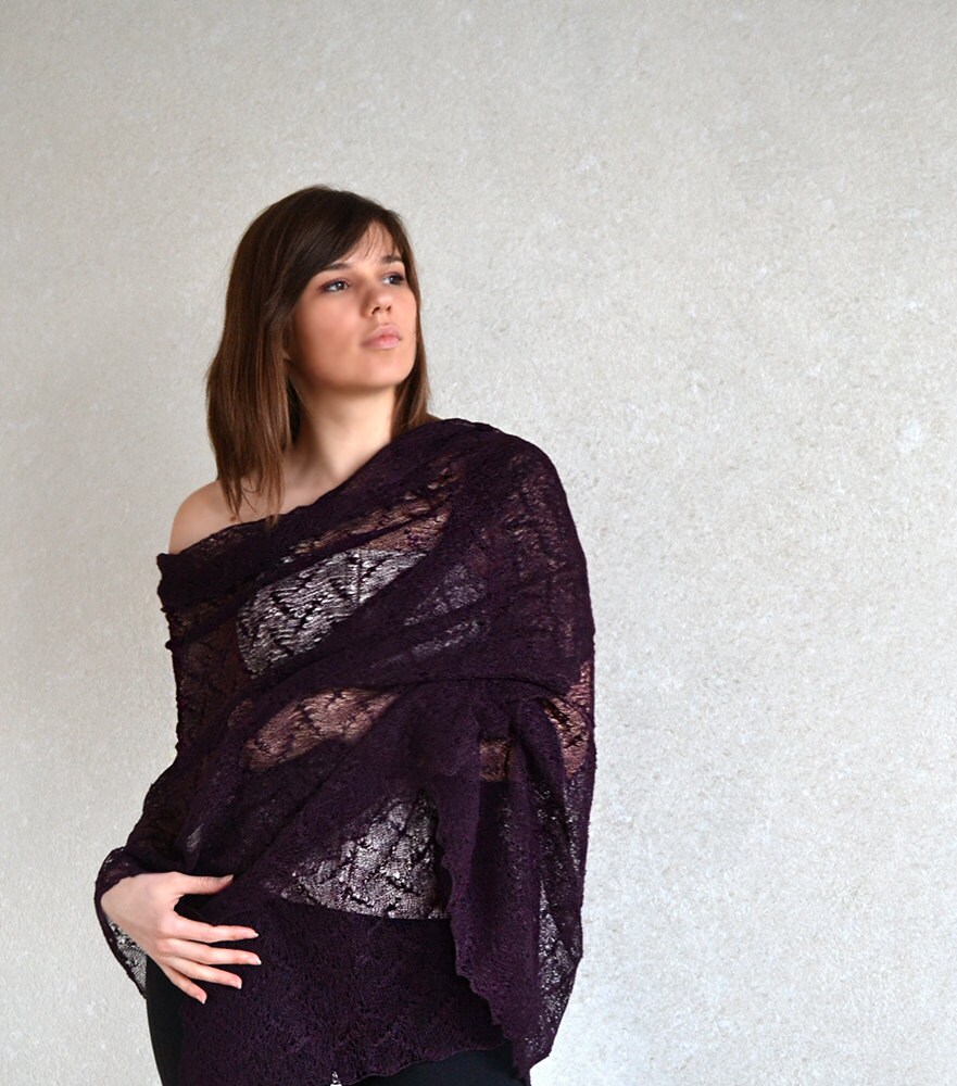 Deep Purple Linen Scarf Lightweight Lace Shawl Sheer Summer Wrap ...