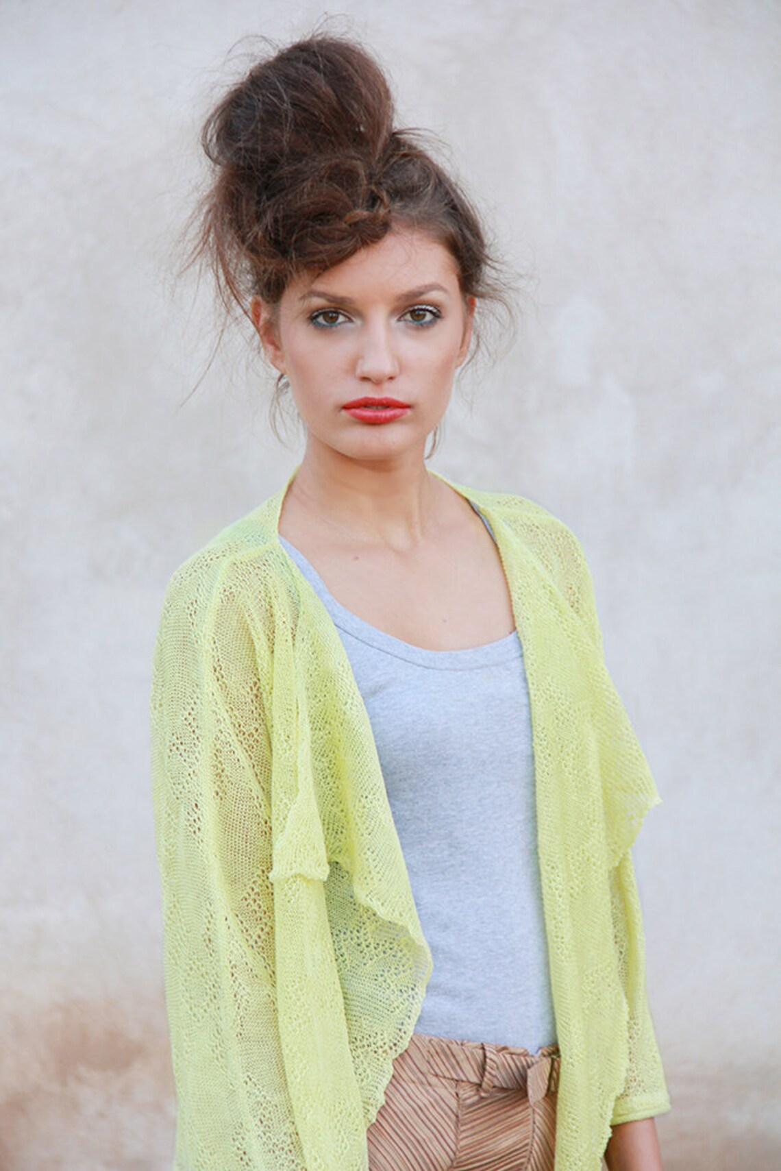 Loose Linen Jacket Lime Knit Cardigan Yellow Sheer Kimono Top Green ...