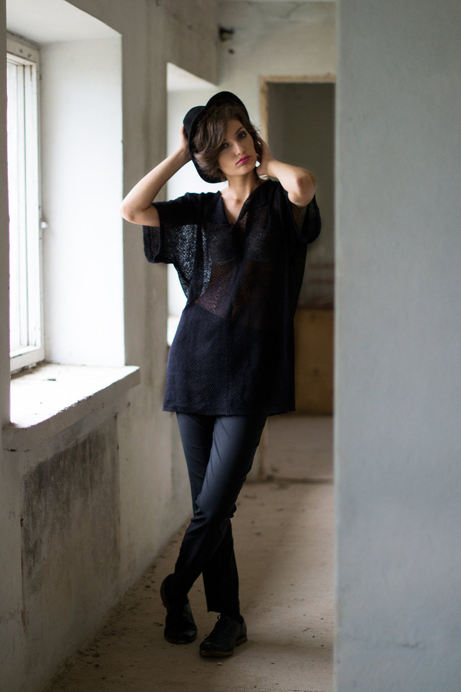 Black Linen Sheer Kimono Tunic Light Knit Summer Oversized | Etsy