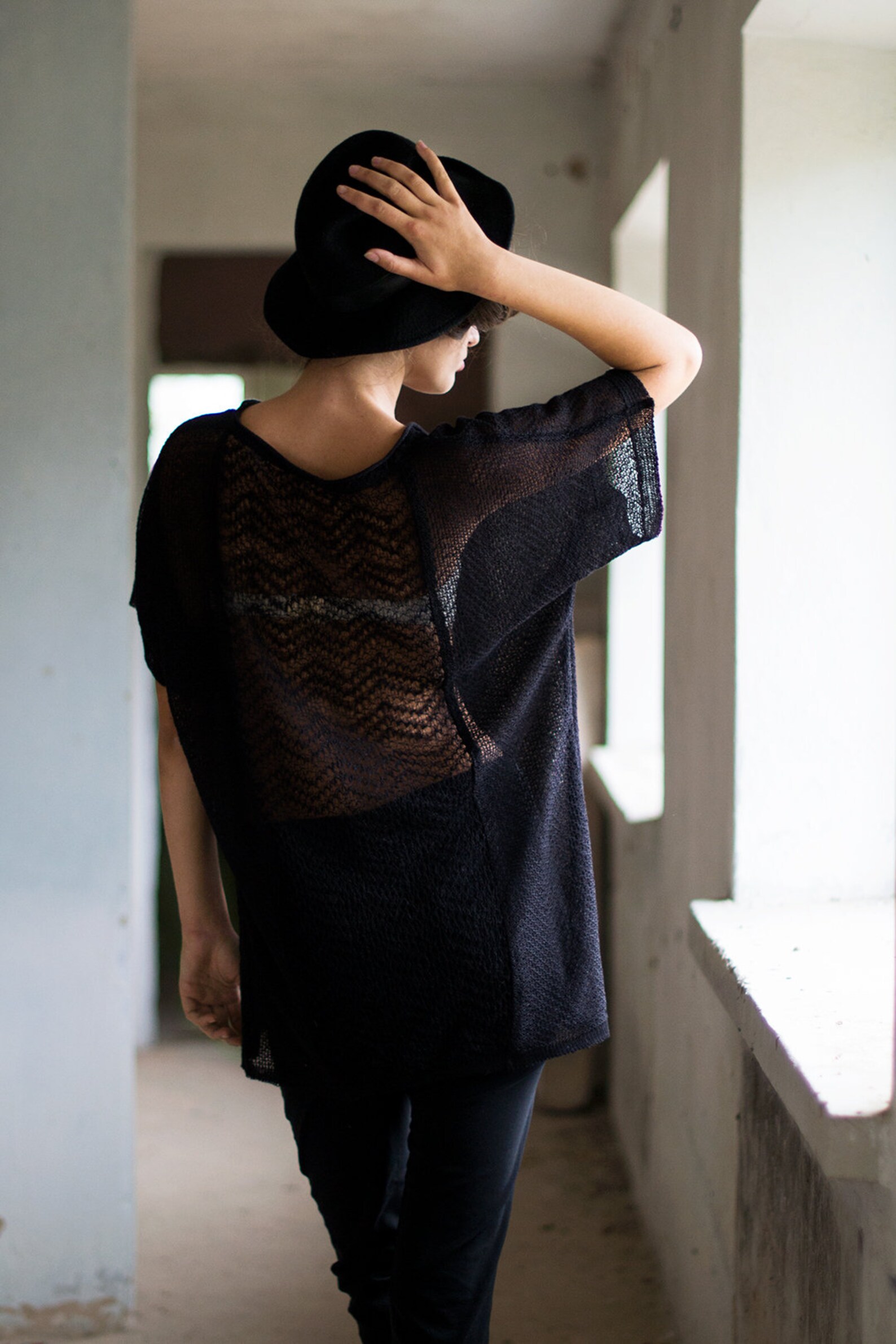 Black Linen Sheer Kimono Tunic Light Knit Summer Oversized Sweater ...