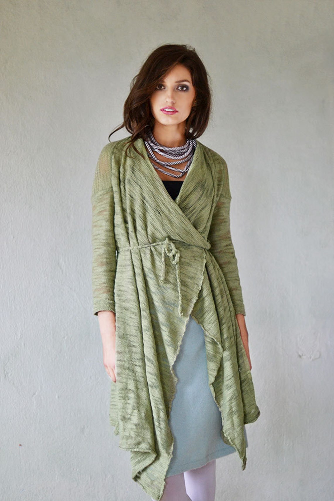 Olive Open Front Cardigan Light Green Middle Long Sweater Olive Gray ...