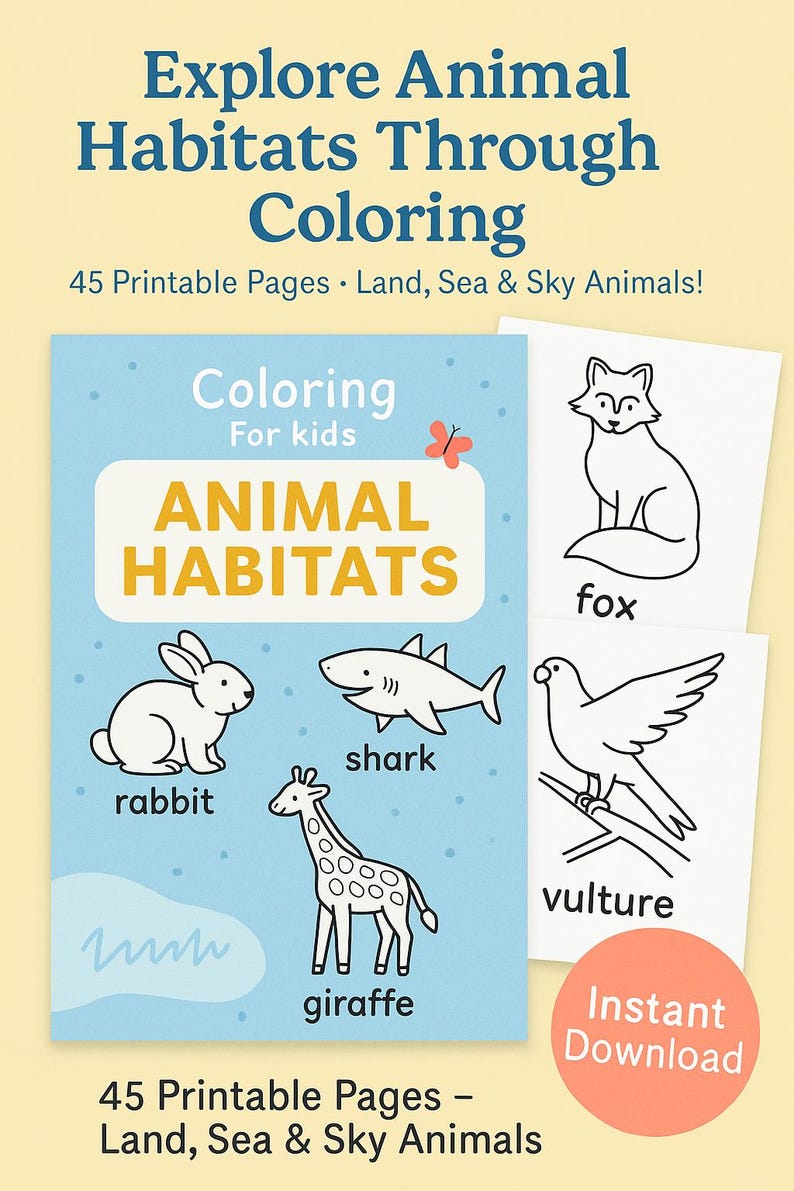 Printable Animal Habitats Coloring Book for Kids | 45-page Nature Theme ...