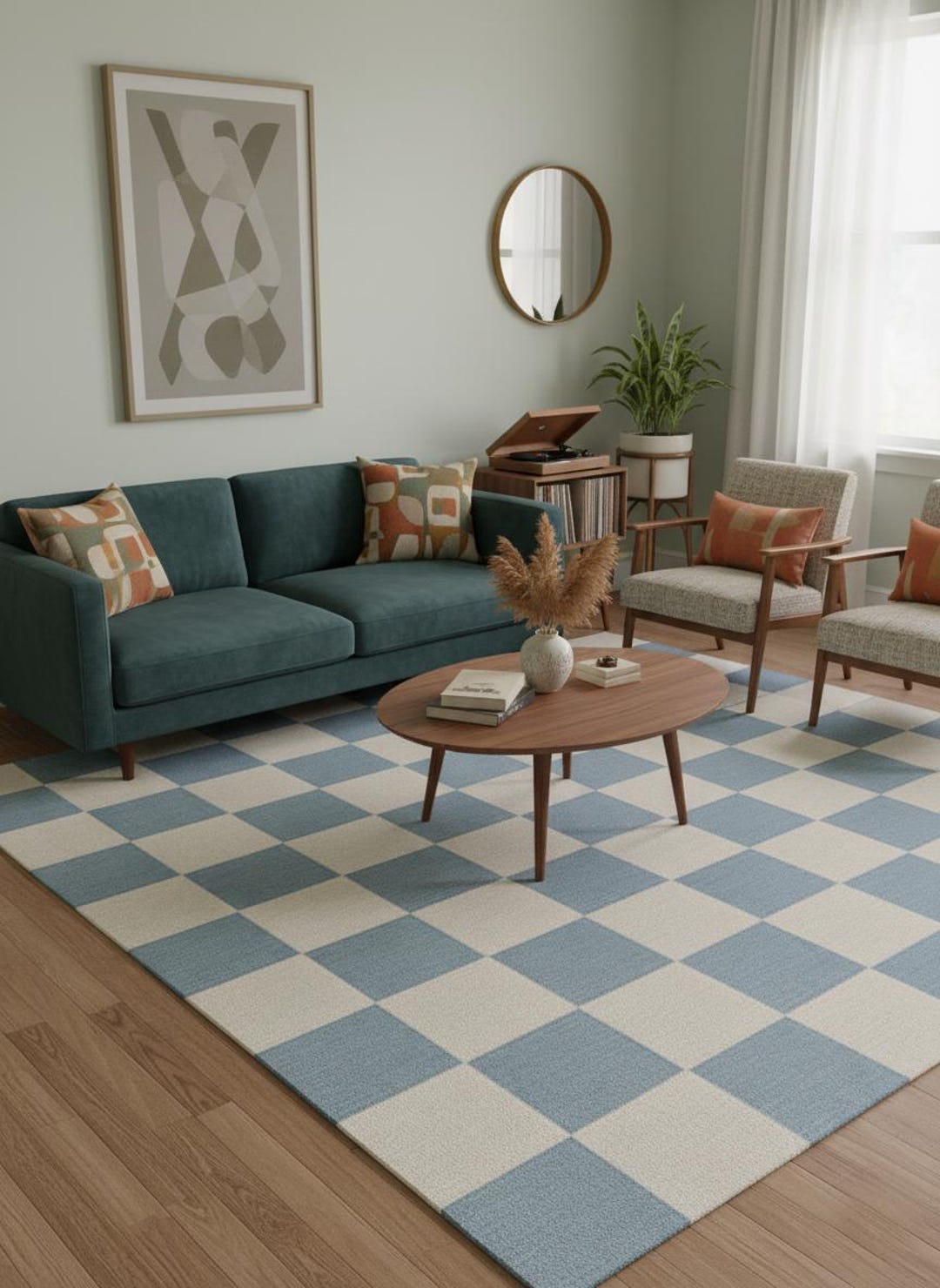 Chess Wool Rug, Handwoven, Cornflower Blue Kilim, Checkerboard Pattern ...