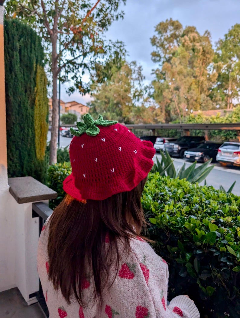 Handmade Strawberry Crochet Hat – Cute Red Bucket Hat for Women & Girls ...