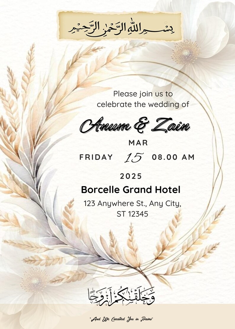 Editable Bismillah Islamic Wedding Invitation – Elegant Floral Template ...