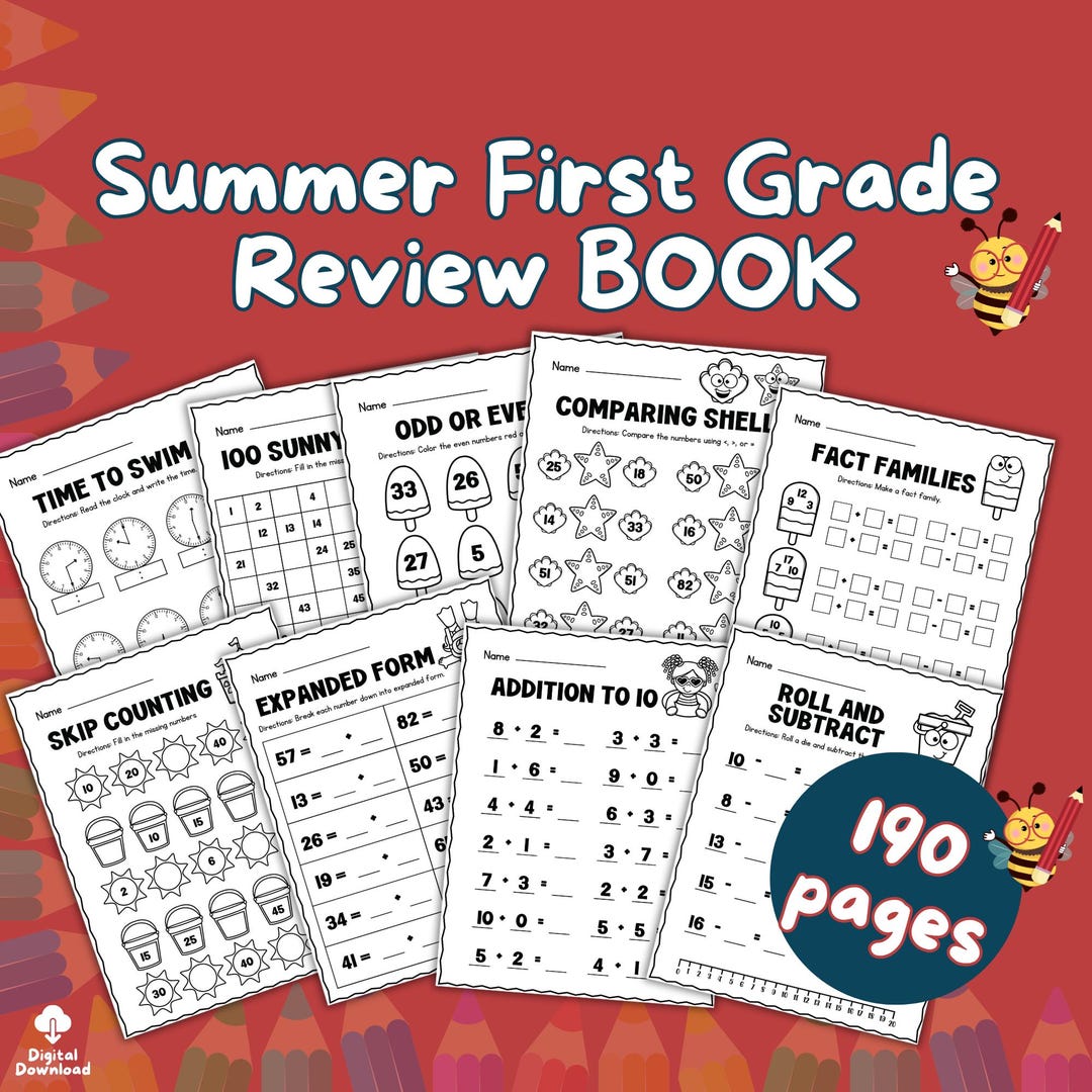 Summer First Grade Review Book Printable Workbook Math Reading Writing ...