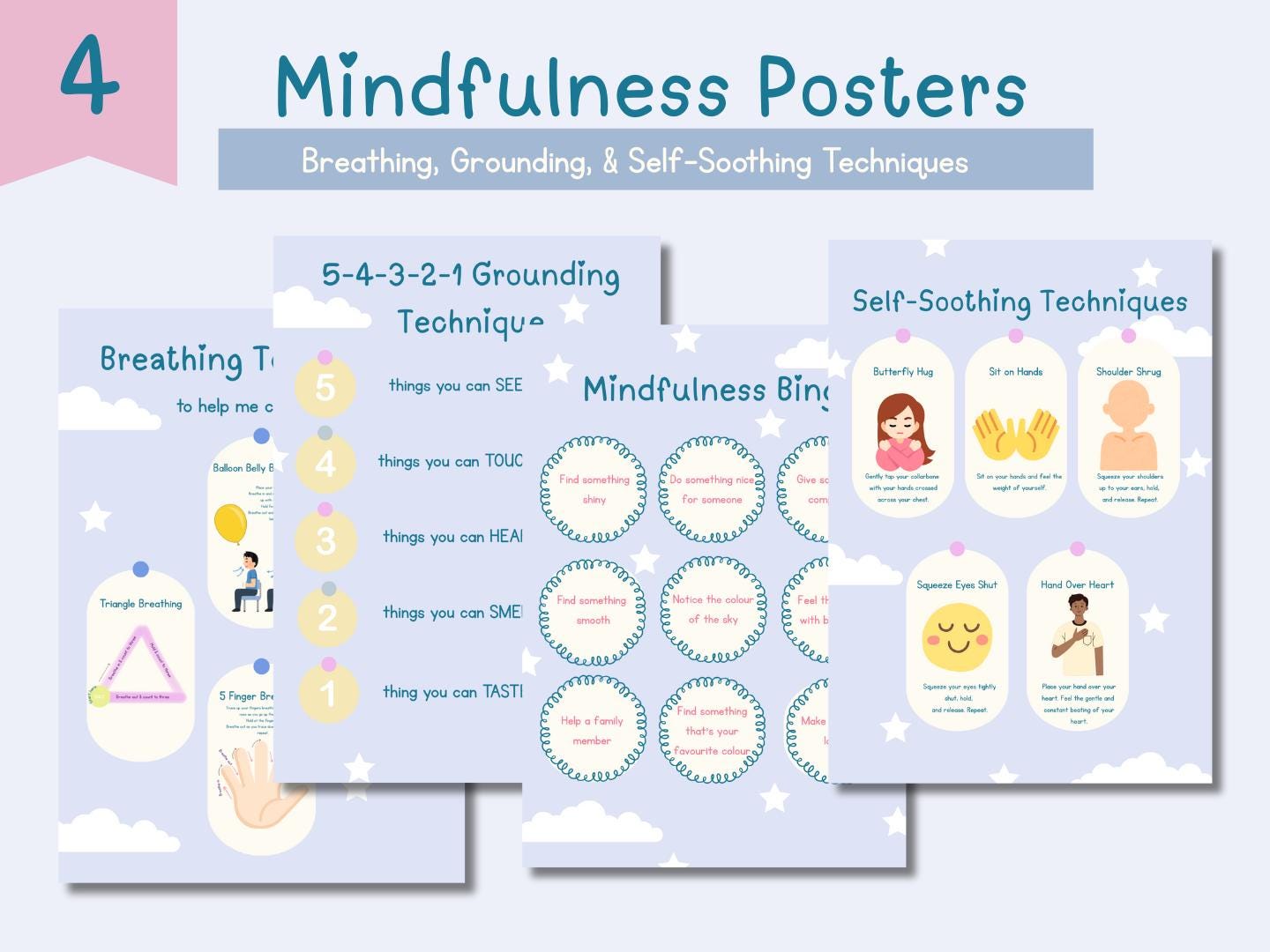 Mindfulness Poster Set for Kids: Breathing, Grounding, Self-soothing ...