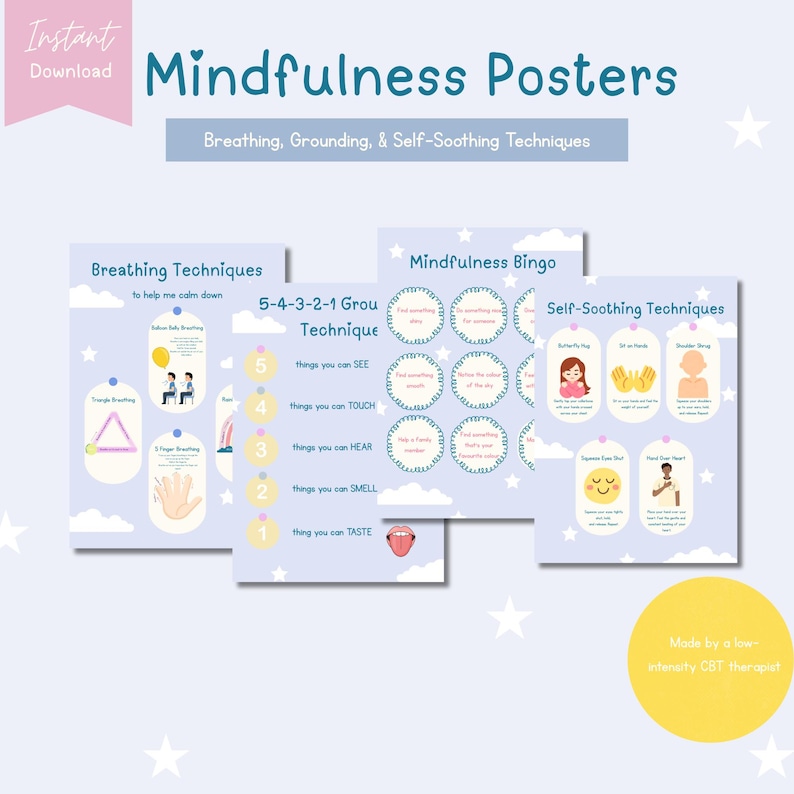 Mindfulness Poster Set for Kids: Breathing, Grounding, Self-soothing ...