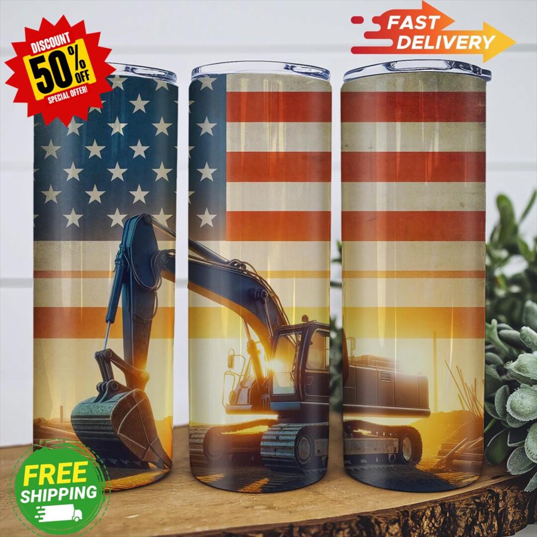 American Flag Excavator Tumbler, Patriotic Construction Worker Gift ...