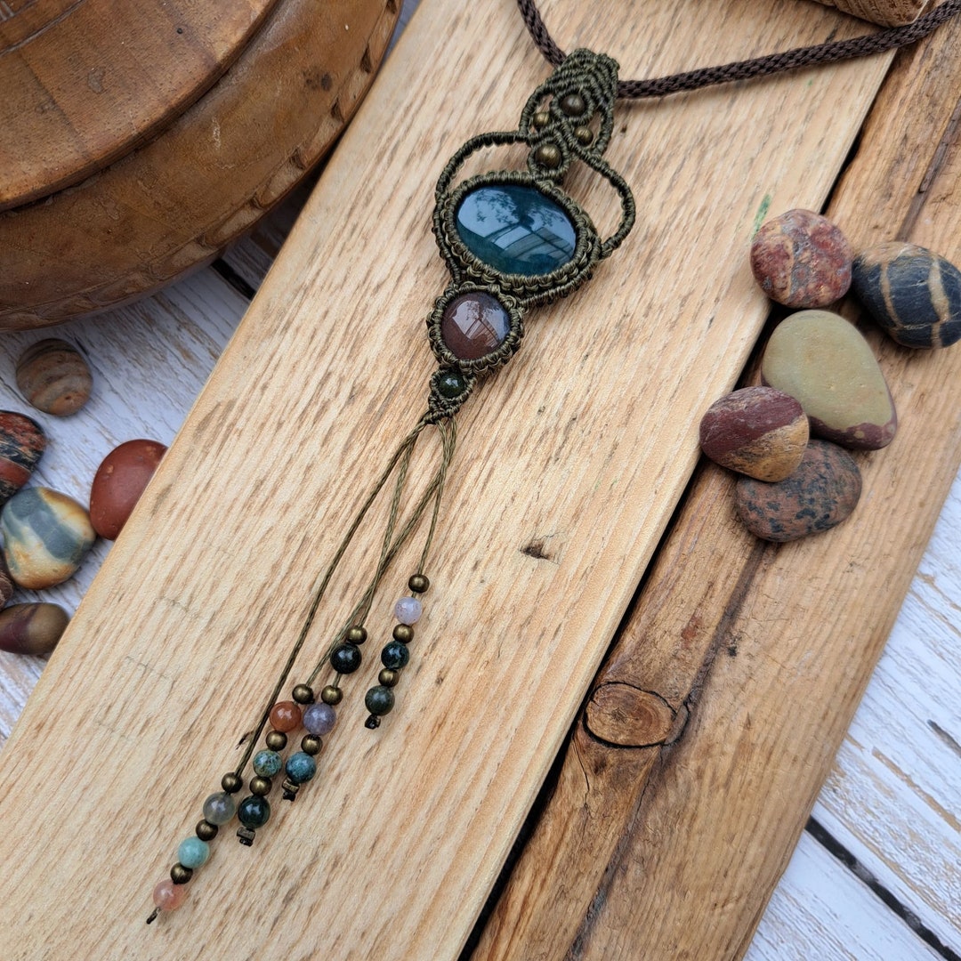 Indian Agate Macrame Necklace, Macrame Pendant, Gemstone, Crystal ...