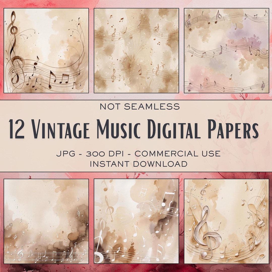 12 Vintage Music Note Papers – Watercolor Musical Backgrounds – Beige ...