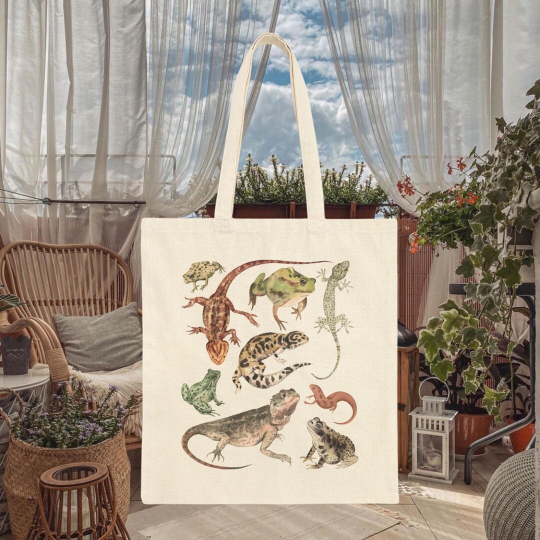 Reptiles Cotton Canvas Tote Bag - Frog & Lizard Animal Print Eco ...