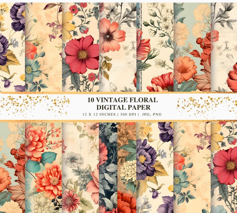 Vintage Floral Paper, Digital Scrapbook Paper Bundle (JPG, 12x12 Inches ...