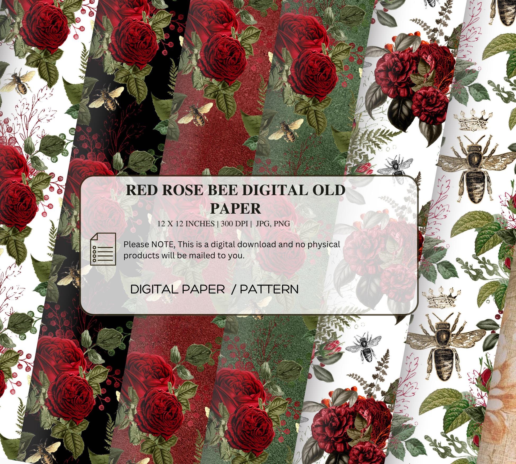 Red Rose Bee Digital Paper: Vintage Floral Scrapbook Pattern (digital ...