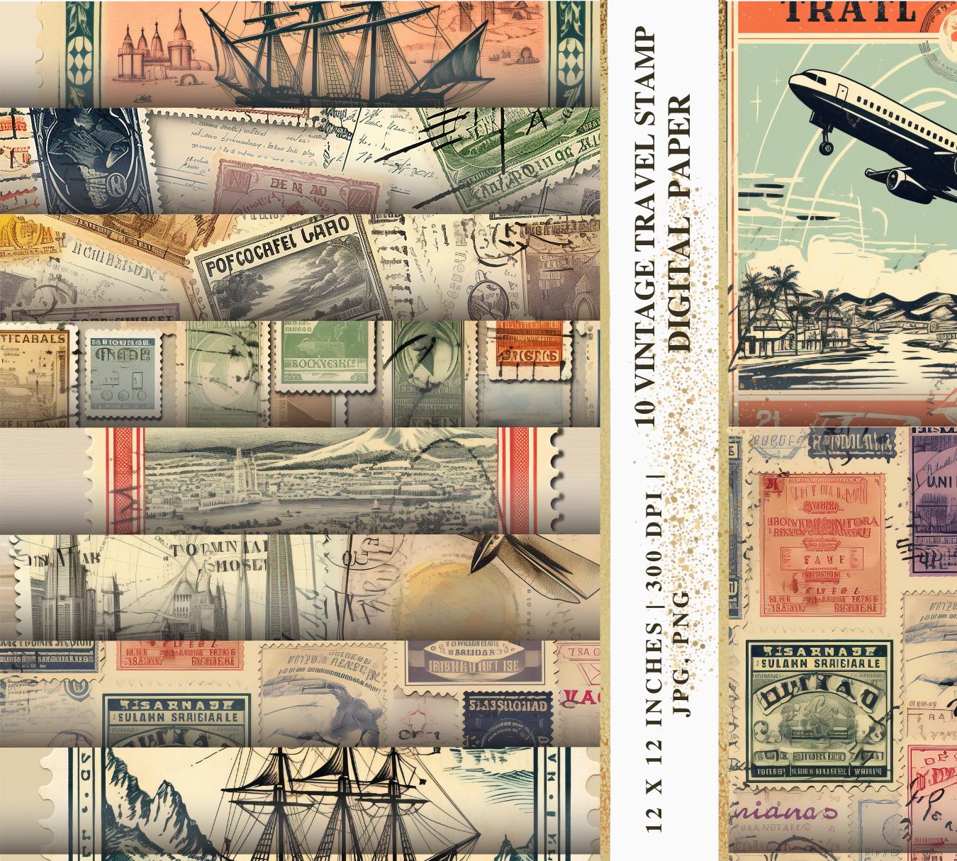 Vintage Travel Stamp Digital Paper Pack: Grunge Scrapbook Backgrounds ...