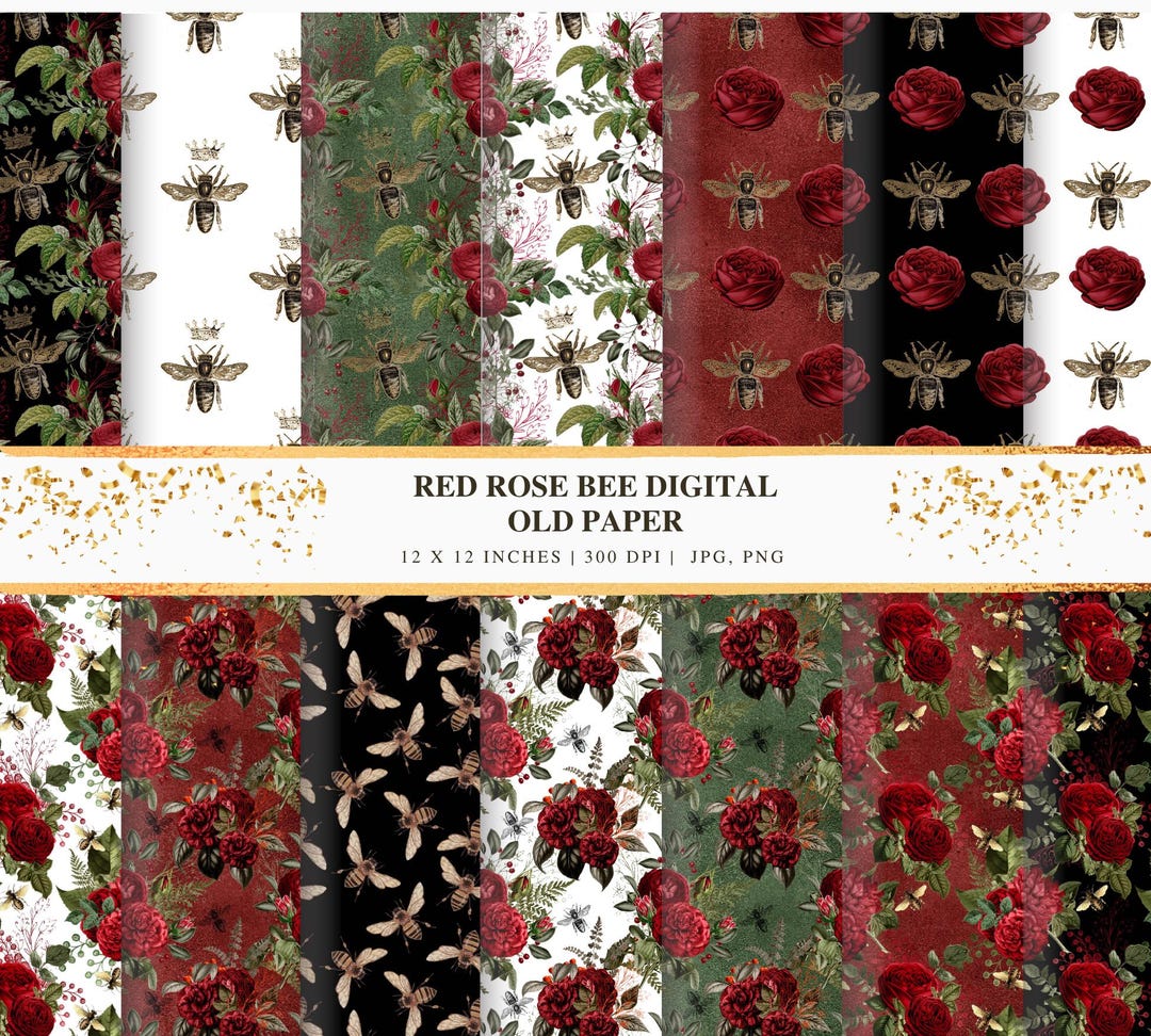 Red Rose Bee Digital Paper: Vintage Floral Scrapbook Pattern (digital ...