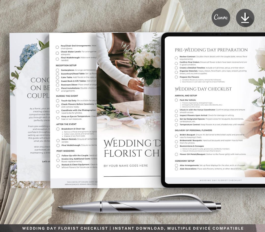Wedding Florist Checklist Template: Printable Floral Arrangement ...