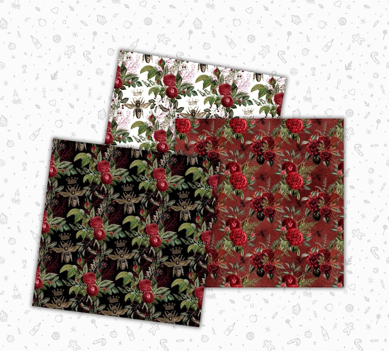 Red Rose Bee Digital Paper: Vintage Floral Scrapbook Pattern (digital ...