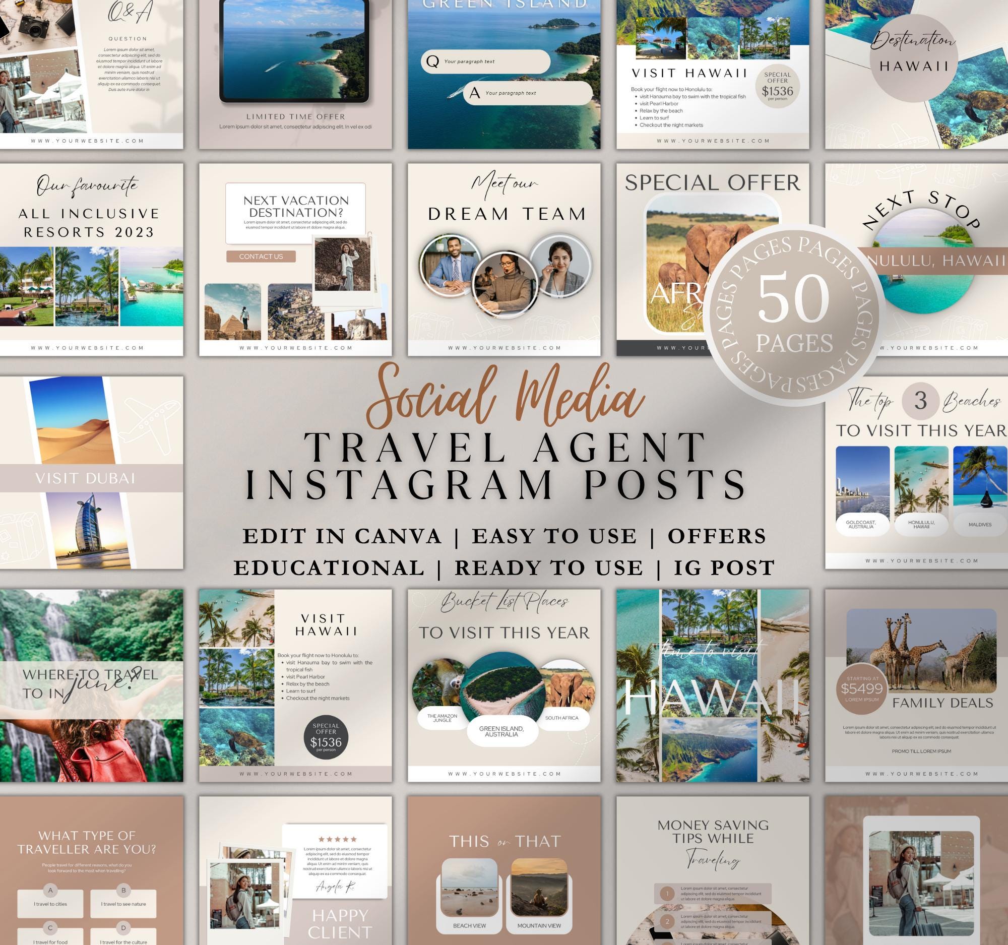 Travel Agent Instagram Post Templates: Canva Social Media Kit (digital ...