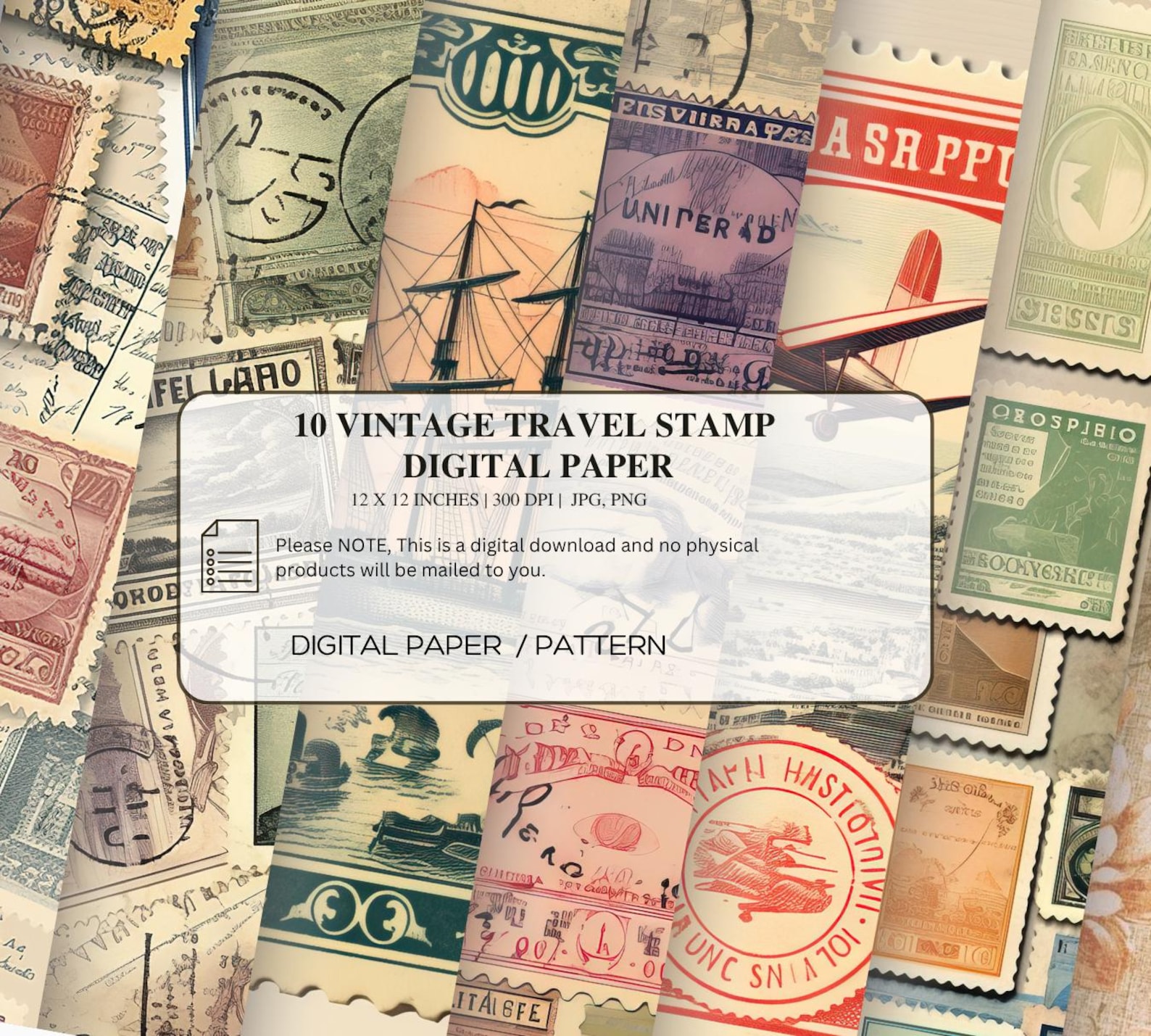 Vintage Travel Stamp Digital Paper Pack: Grunge Scrapbook Backgrounds ...