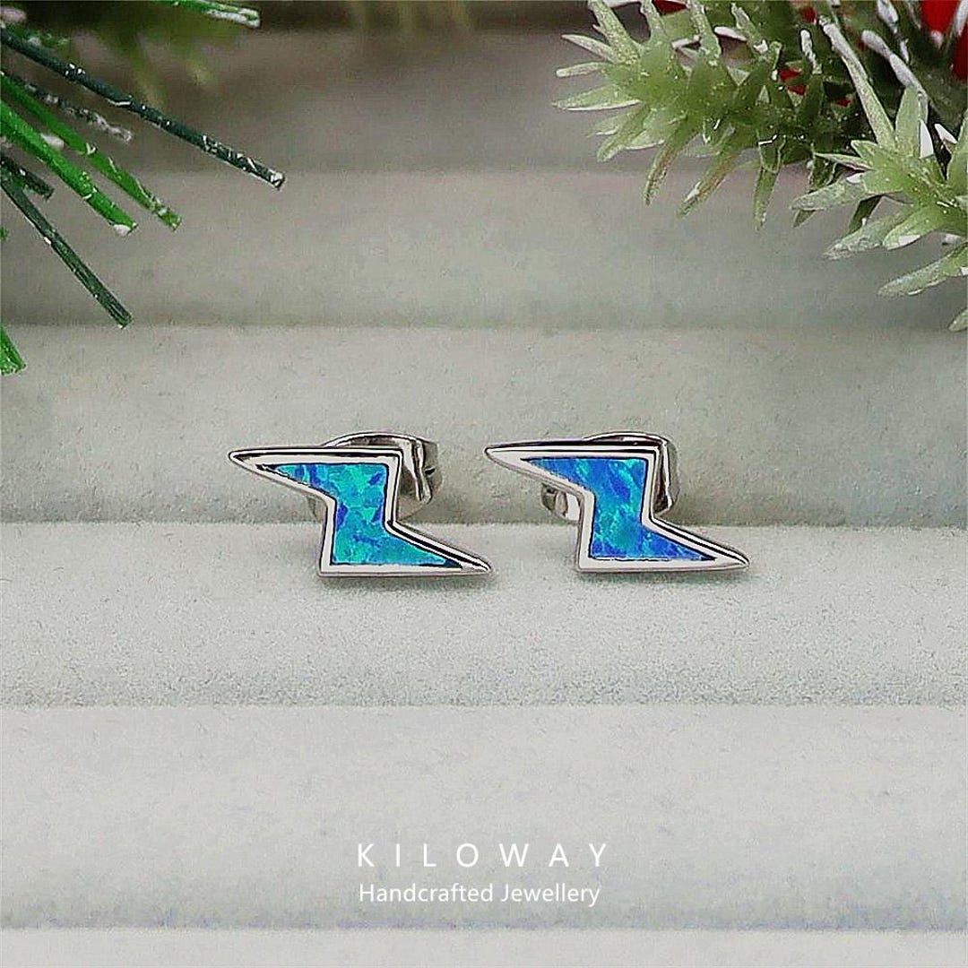 Lightning Bolt Stud Earrings, Blue Opal Electric Earrings, Edgy ...