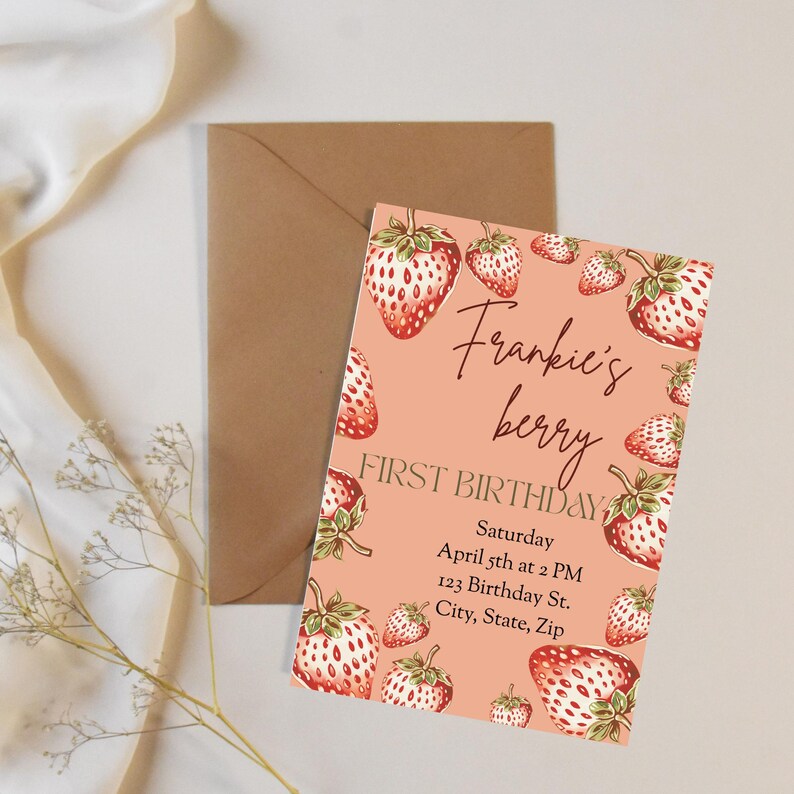 Berry First Birthday Invitation Template | Strawberry Editable Canva ...