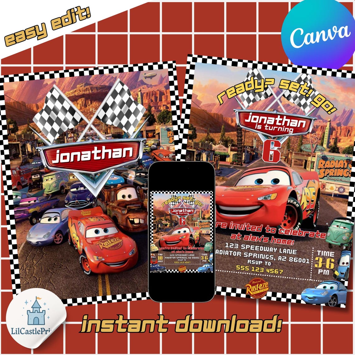 Cars Birthday Invitation – Editable Lightning Mcqueen Canva Template ...